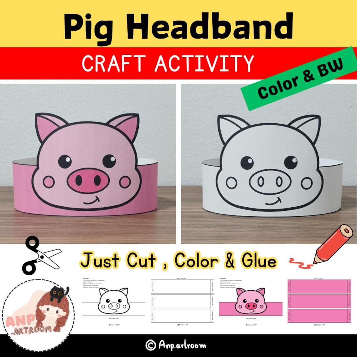 Pig Headband - Animal Paper Hat & Crown - DIY Coloring Activity Costume ...