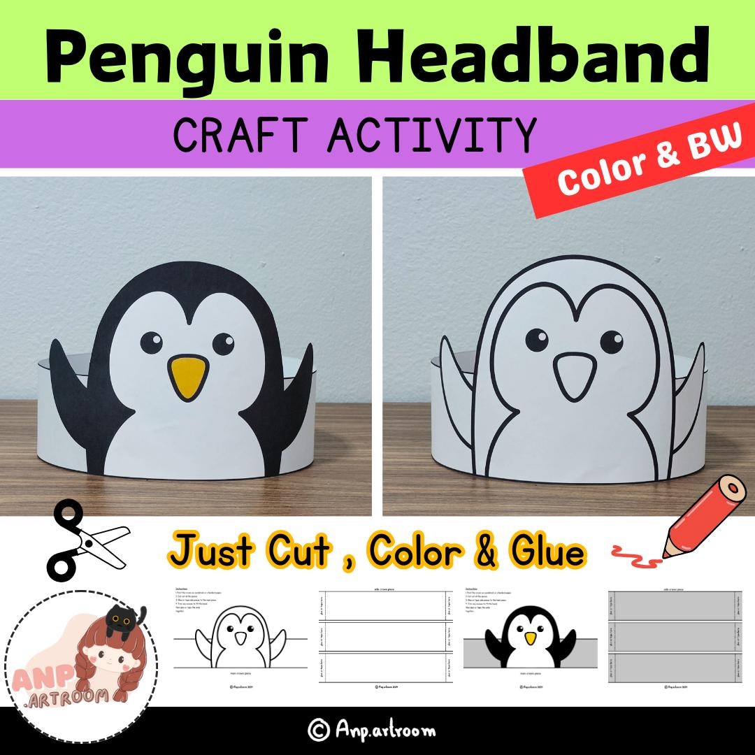 Penguin Headband - Animal Paper Hat & Crown - DIY Coloring Activity ...