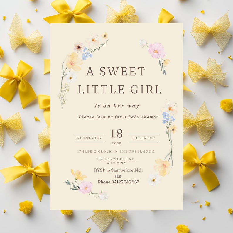 Pale Yellow Baby Shower Invitation Template 5x7 Digital Download - Etsy