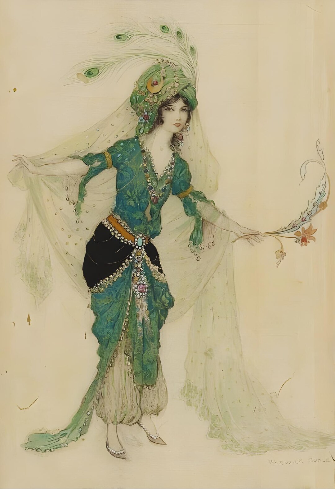 Original Warwick Goble Sketch: Emerald Green Scheherazade Dancer ...