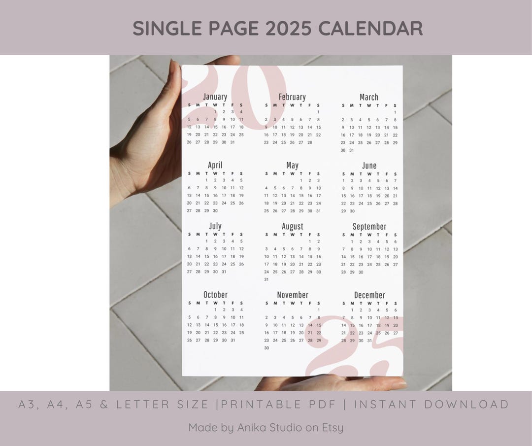 2025 Single Page Printable Calendar, One Page Calender, Minimalist Full ...