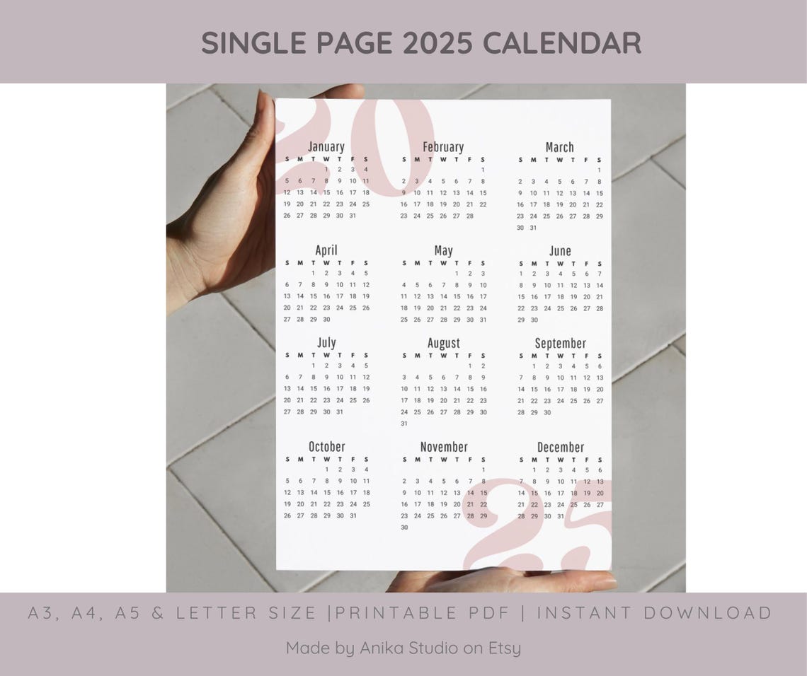 2025 Single Page Printable Calendar, One Page Calender, Minimalist Full ...