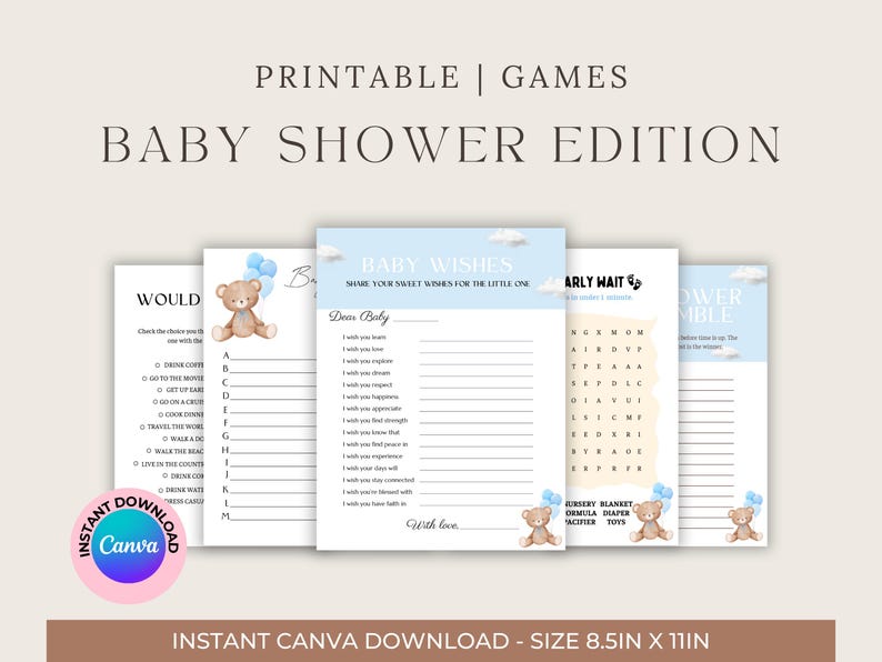 Bear Baby Shower Games Template: Editable Party Bundle (digital ...