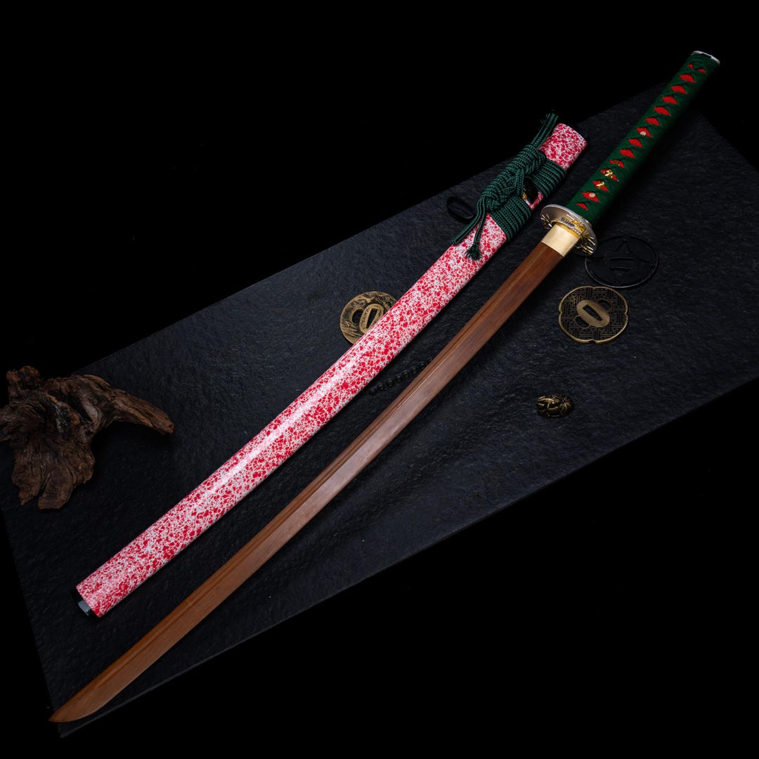 Handmade Wooden Katana • Red Splash Scabbard • Green Handle Bokken ...
