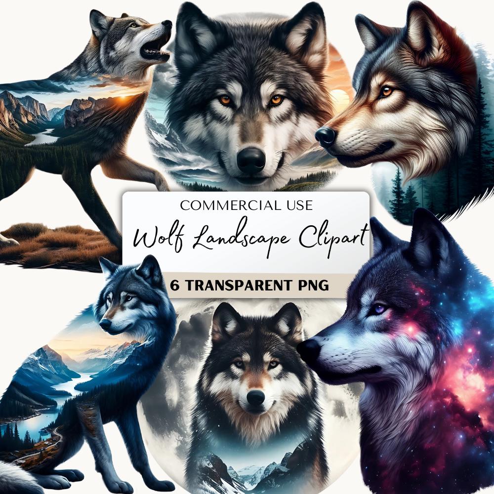6 Wolf Clipart Png, Mystical Wolf Png, Landscape Png, Wolf Bundle, Wolf ...