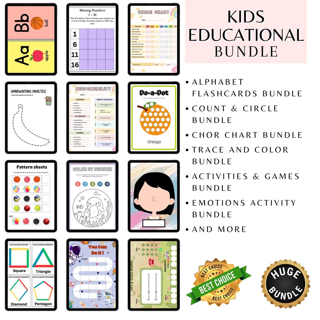 Kids Educational Bundle | Alphabet Flashcards, Chore Charts, Trace and ...