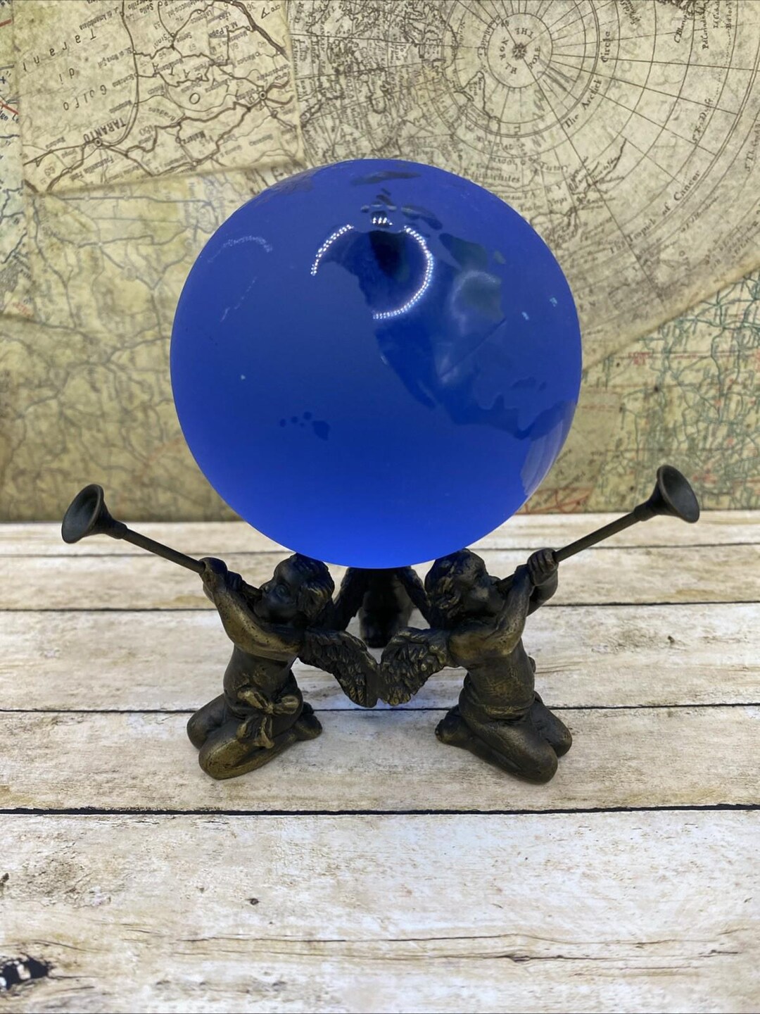 Art Glass Paperweight Globe Sphere With Stand – Vintage Cobalt Blue ...