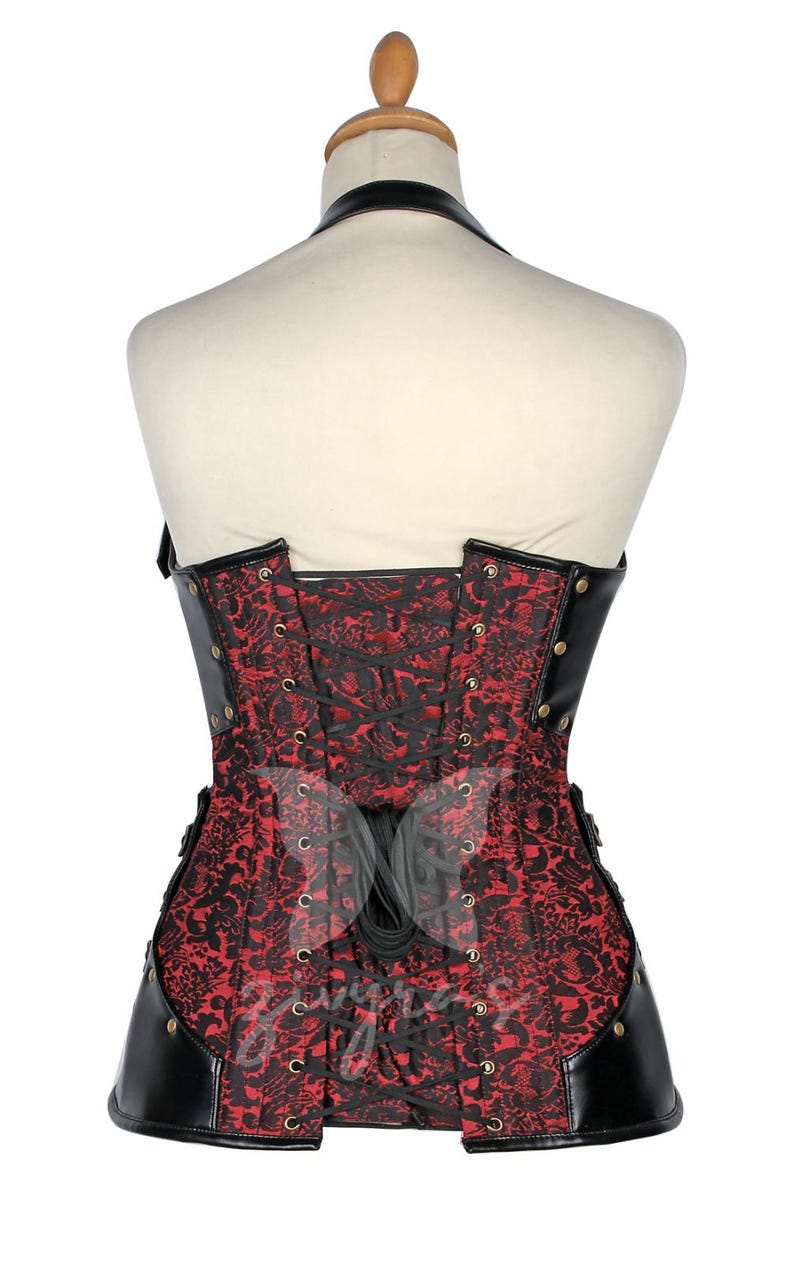 Steampunk Brocade Corset: Faux Leather Halter, Antique Brass Hardware ...