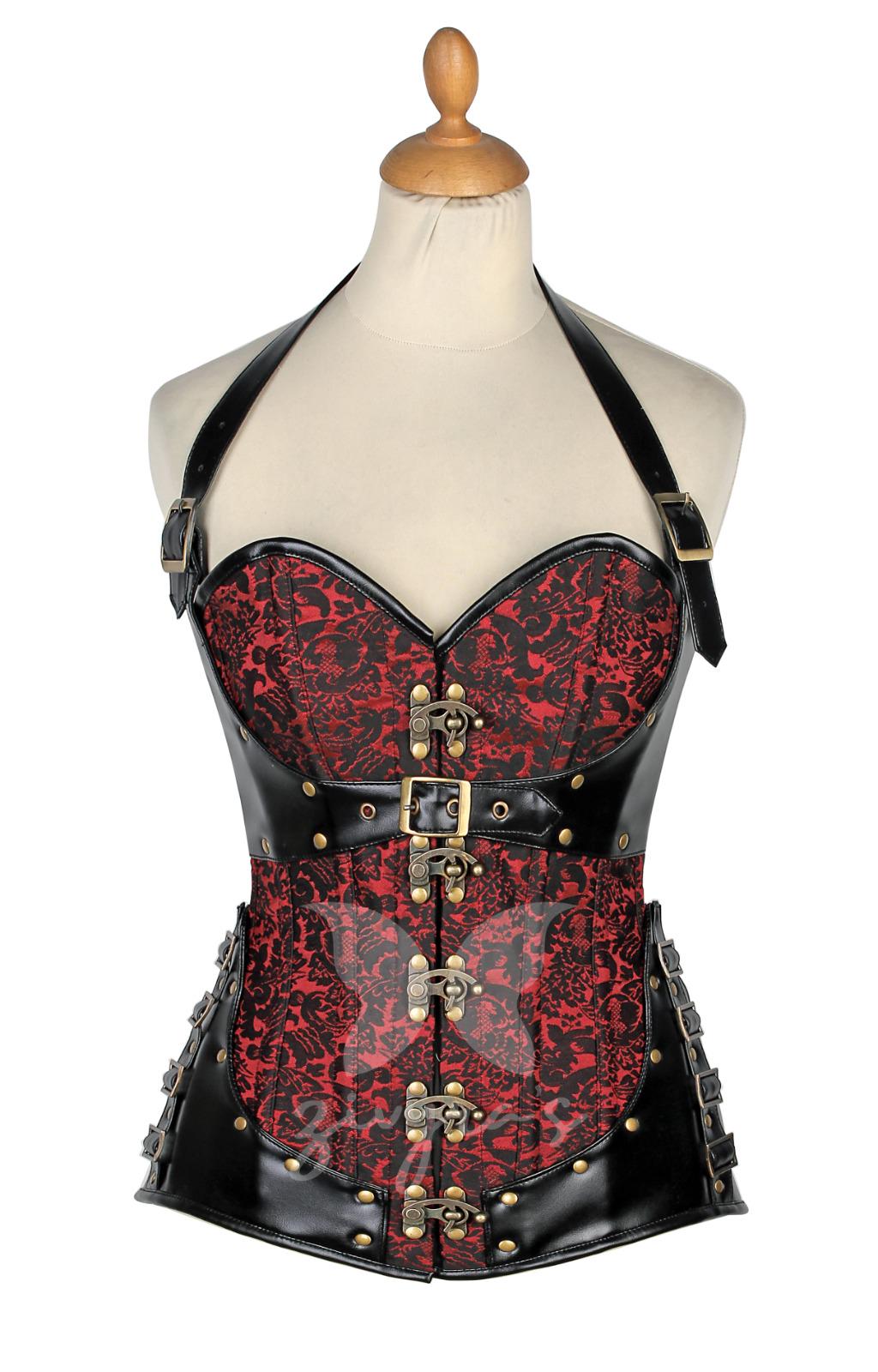 Steampunk Brocade Corset: Faux Leather Halter, Antique Brass Hardware ...