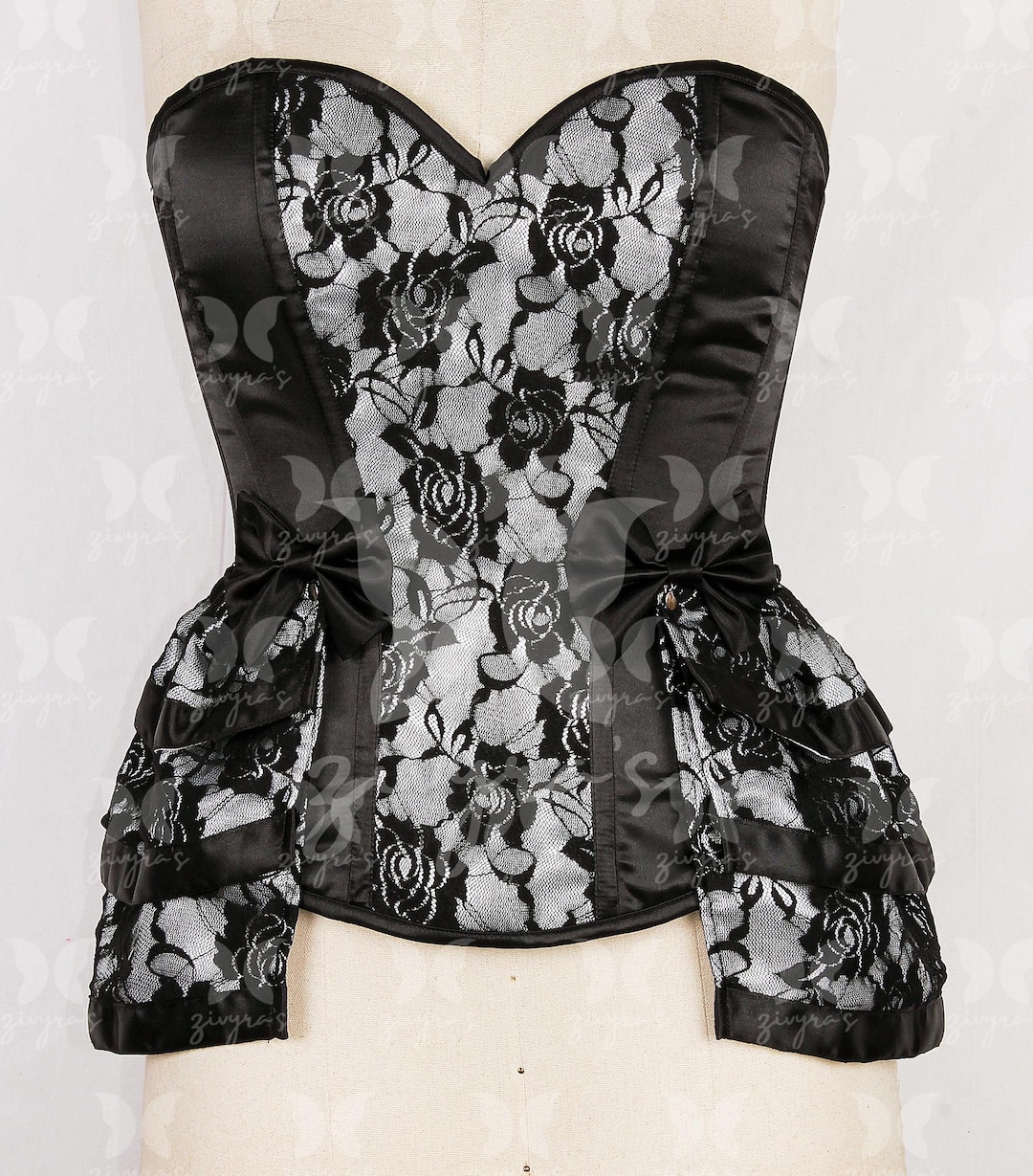 Black Lace Corset Top - Satin Bustier, Floral Overlay & Bows - Etsy