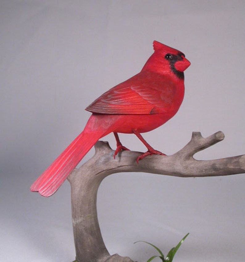 Male Northern Cardinal Hand Carved Wooden Bird on Wooden Branch - Etsy