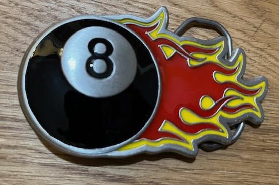 Pewter and Enamel Flaming 8 Ball Belt Buckle – Great American Buckle Co ...