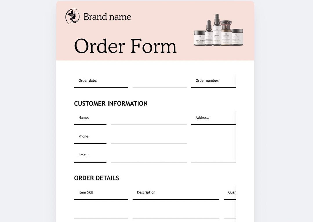Editable Skincare Brand Order Form Template – Customizable for Your ...