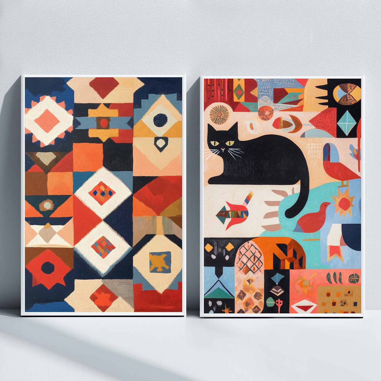 Mexican Geometric Abstract Poster Set, Textured Oil Painting Wall Art ...