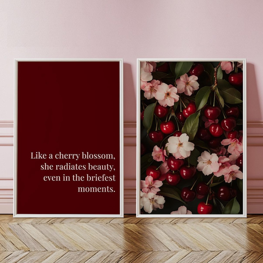 Set of 2 Cherry Posters, Cherry Blossoms, Dark Red Quote Print ...