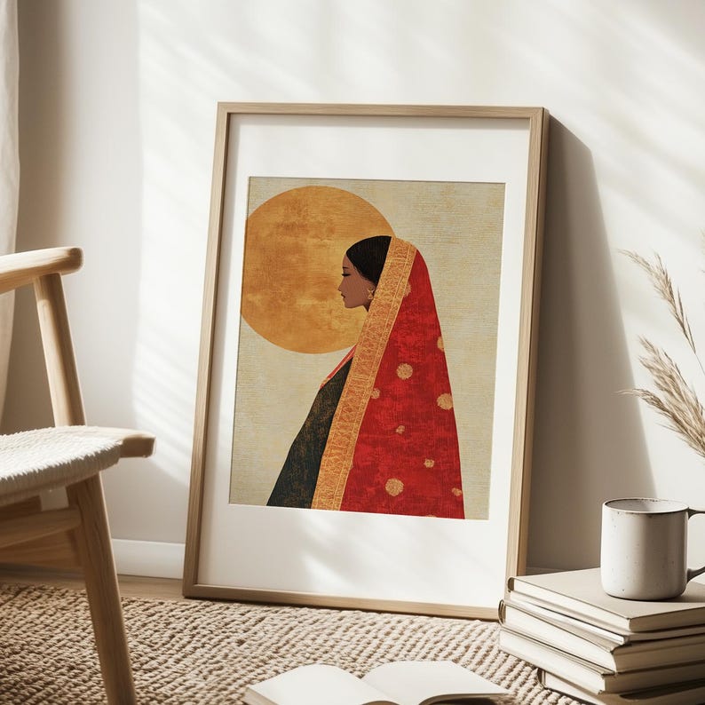 Set of 2 Indian Saree Woman Wall Art Red Gold Abstract Silhouette ...