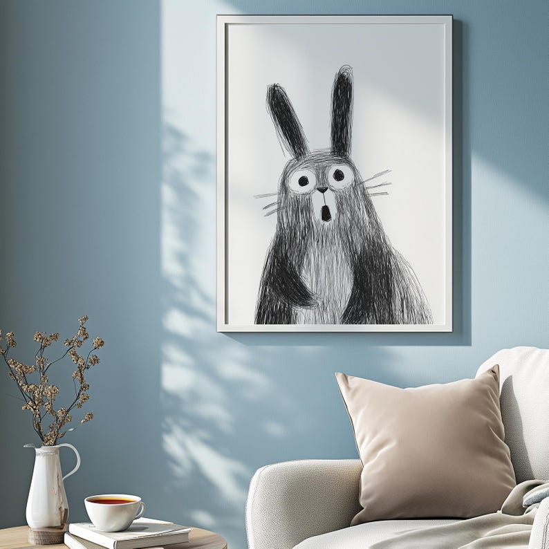 Funny Bunny Wall Art Print, Humorous Naive Poster, Abstract Animal ...