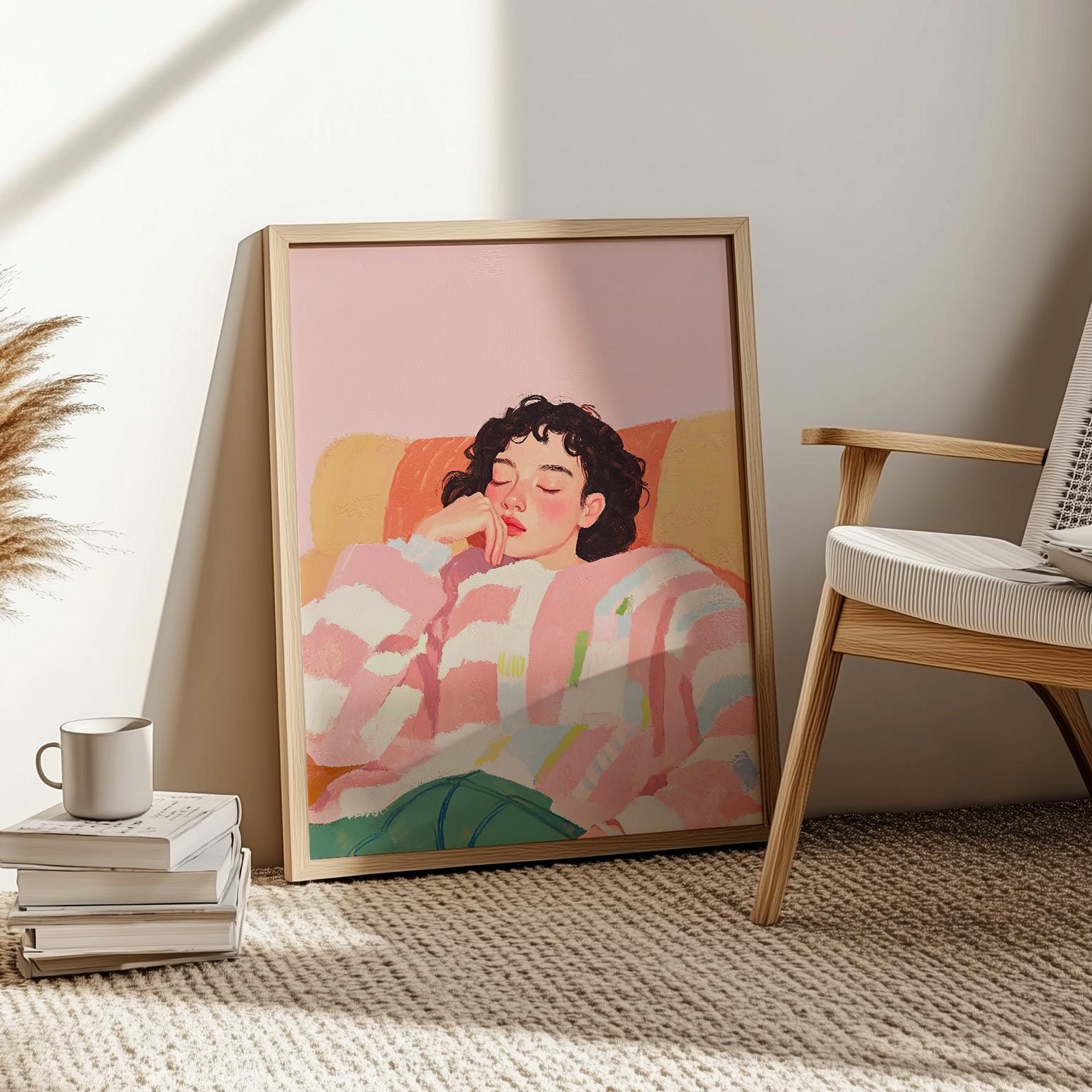 Abstract Sleeping Woman Portrait Poster Modern People Wall Art Pink ...
