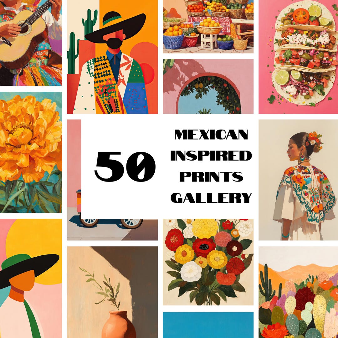 Mexican Art Gallery Prints Cactus Plant Wall Art Mariachi Fiesta ...