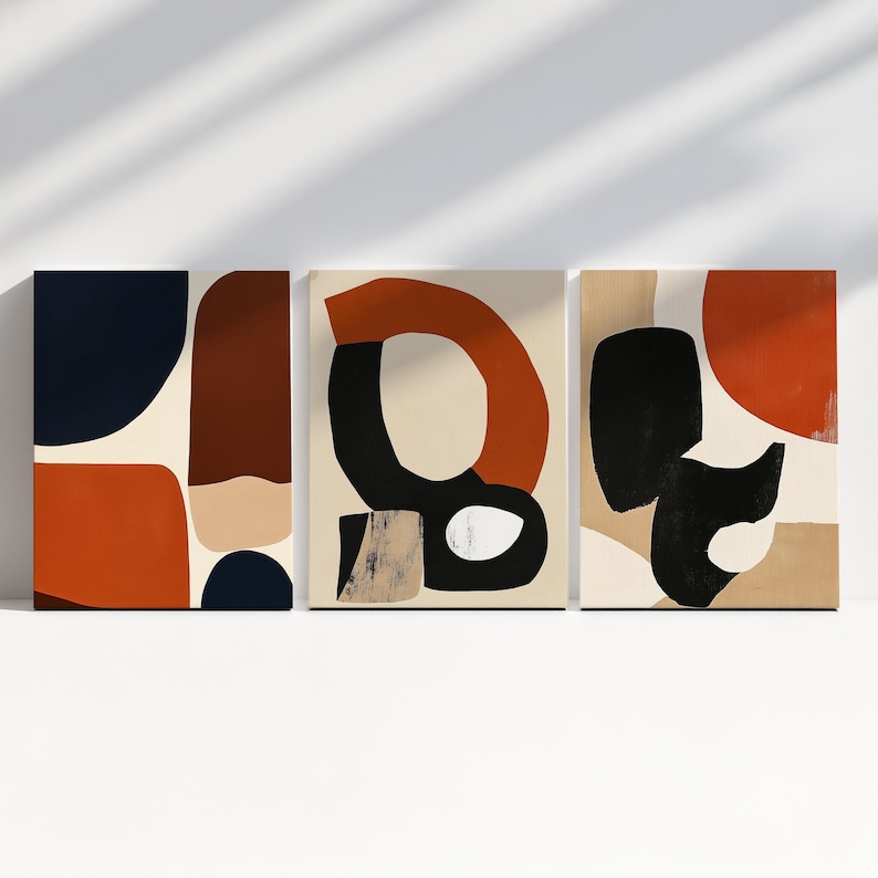 Set of 3 Brown Abstract Wall Art Geometric Textured Poster Contemporary ...