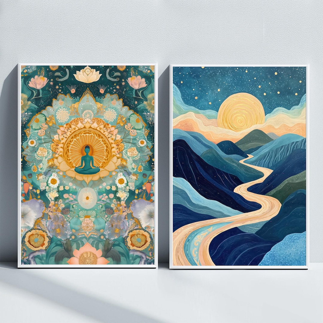 2 Yoga Poster, Blue Spiritual Wall Art, Mindful Meditation Digital ...