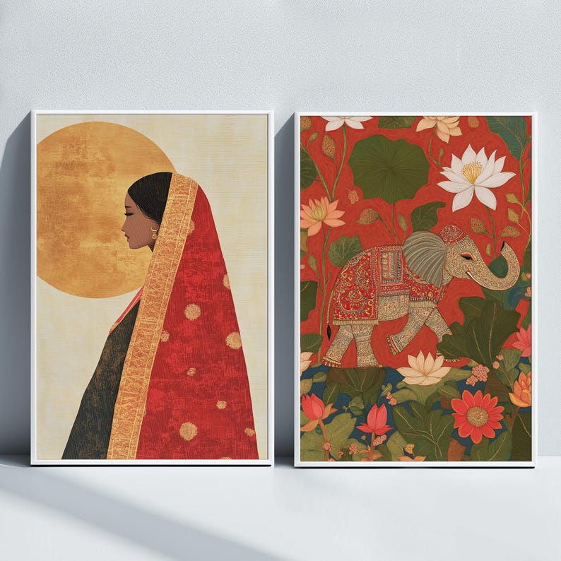 Set of 2 Indian Saree Woman Wall Art Red Gold Abstract Silhouette ...