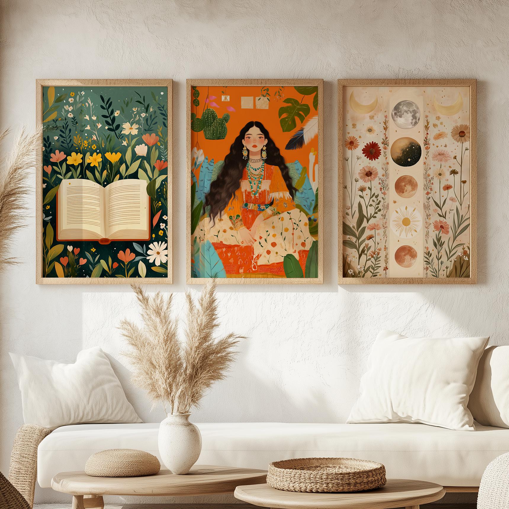 Set of 3 Boho Wall Art, Abstract Botanical Poster, Bohemian Aesthetic ...