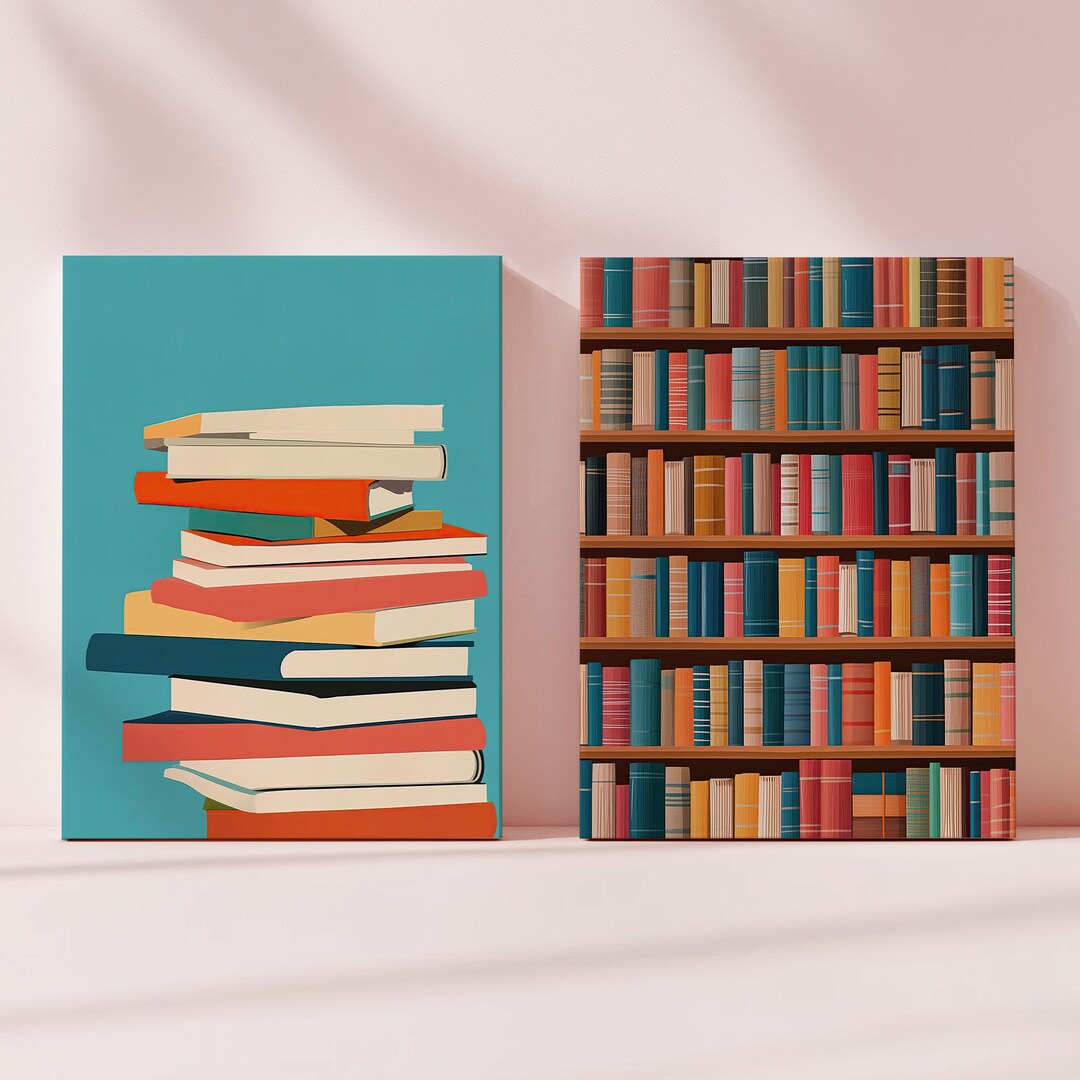 Set of 2 Stack of Books Wall Art Minimalist Poster for Bookworms ...
