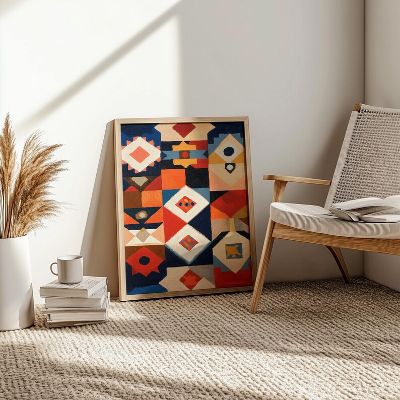 Mexican Geometric Abstract Poster Set, Textured Oil Painting Wall Art ...