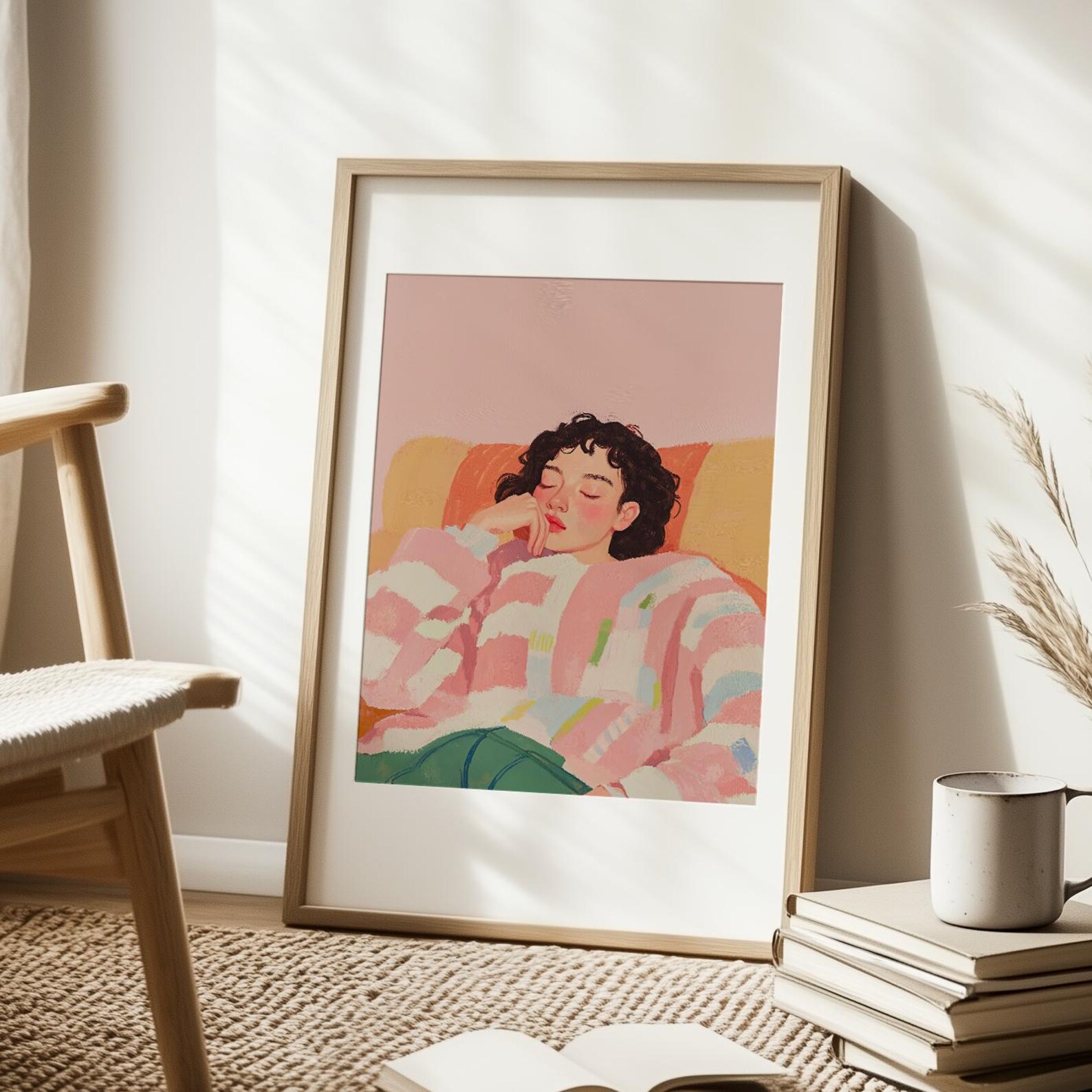 Abstract Sleeping Woman Portrait Poster Modern People Wall Art Pink ...