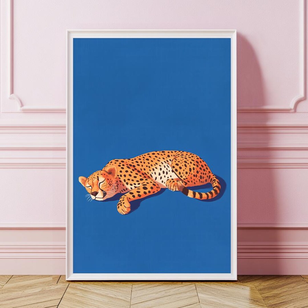 Sleeping Cheetah on Blue Background Poster, Cheetah Print Home Decor ...