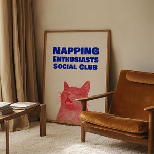 Nap Club Poster, Funny Cat Wall Art, Quirky Sleepy Cat Illustration ...