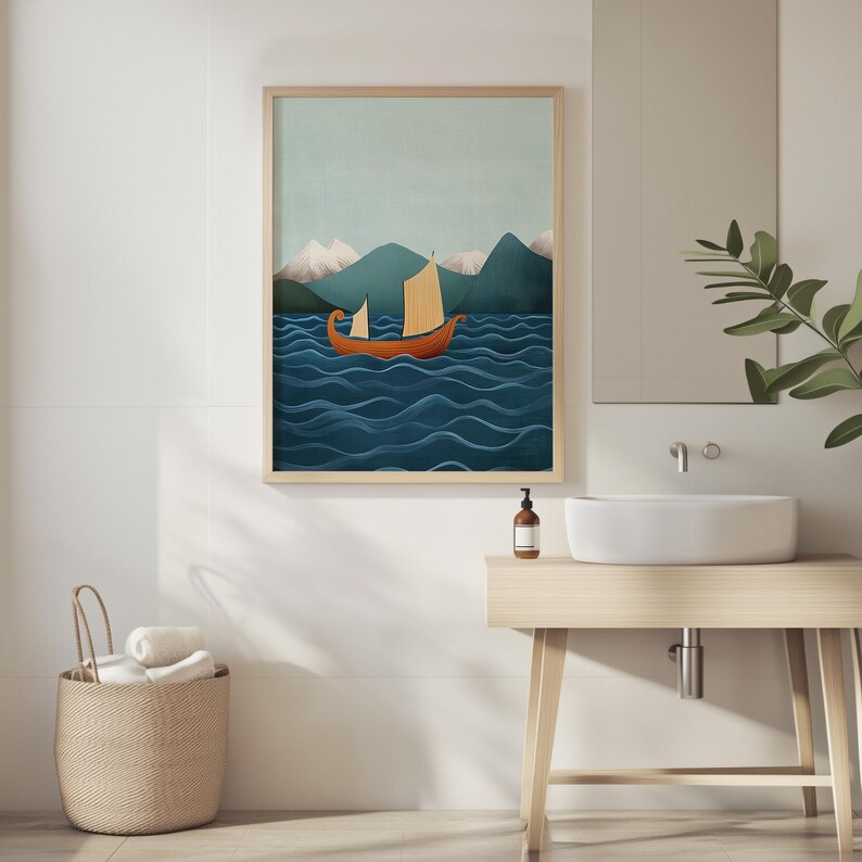 Minimalist Viking Ship Poster Scandinavian Wall Art Calm Waters ...