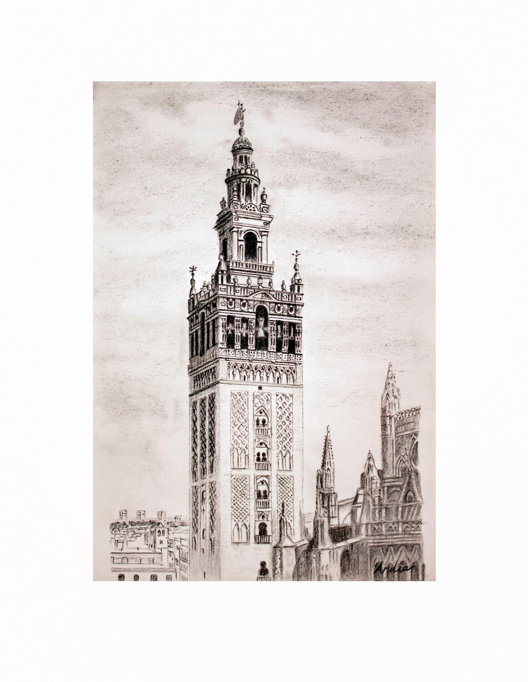 Charcoal Drawing of the Giralda of Seville. Giralda of Seville, Spain ...