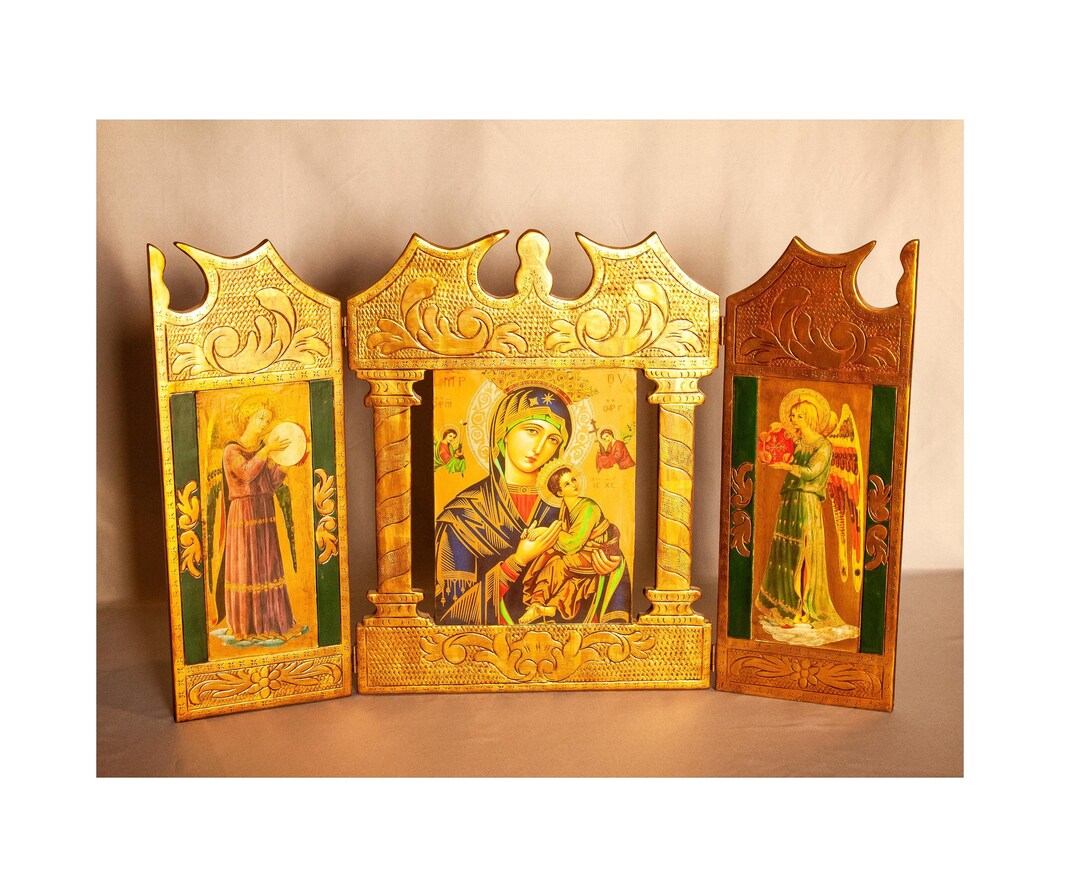 Religious Triptych Made of Carved Wood and Gold Leaf. Catholic ...