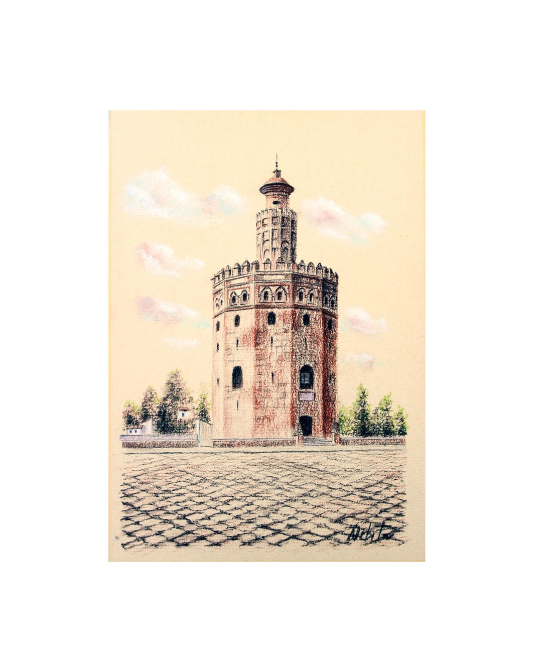 Drawing of the Torre Del Oro, Seville. Drawing of Seville. Painting of ...