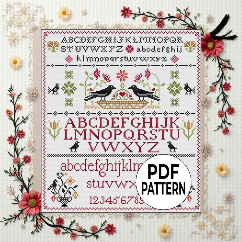 Raven Sampler Cross Stitch Pattern, Gothic Embroidery, Folk Art, PDF ...