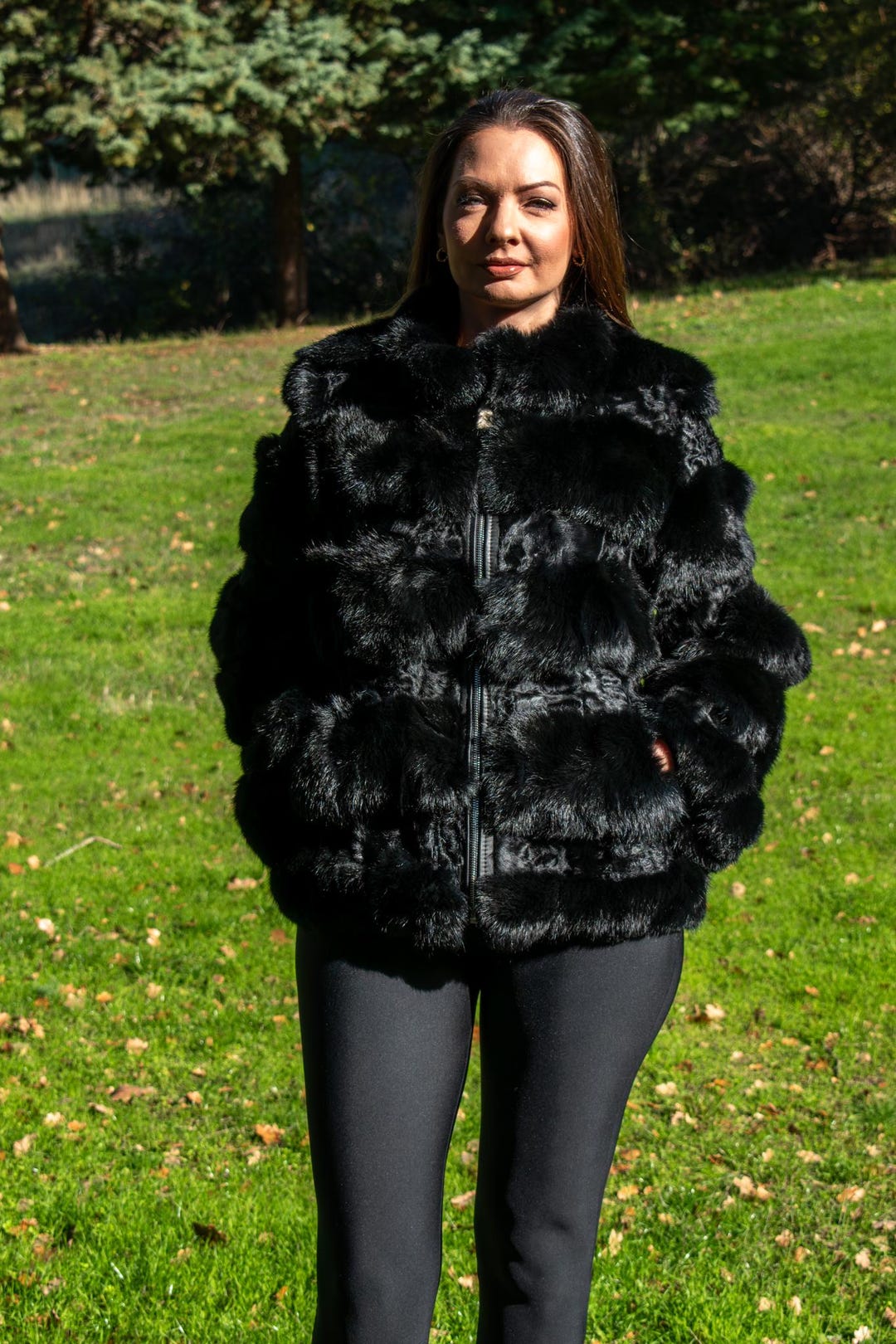 Black Rabbit Goat Fur Jacket – 60cm With Stand-up Collar & Metal Zipper ...