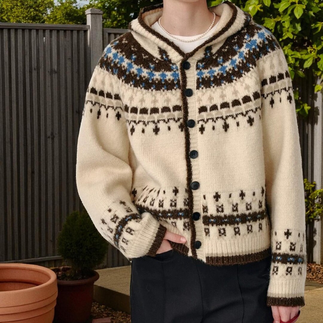 Jacquard Knitted Hooded Cardigan: Oversized Wool Retro Sweater - Etsy