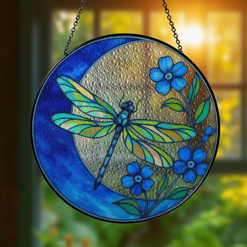 Dragonfly and Moon Stained Glass Suncatcher, Blue Floral Window Hanging ...