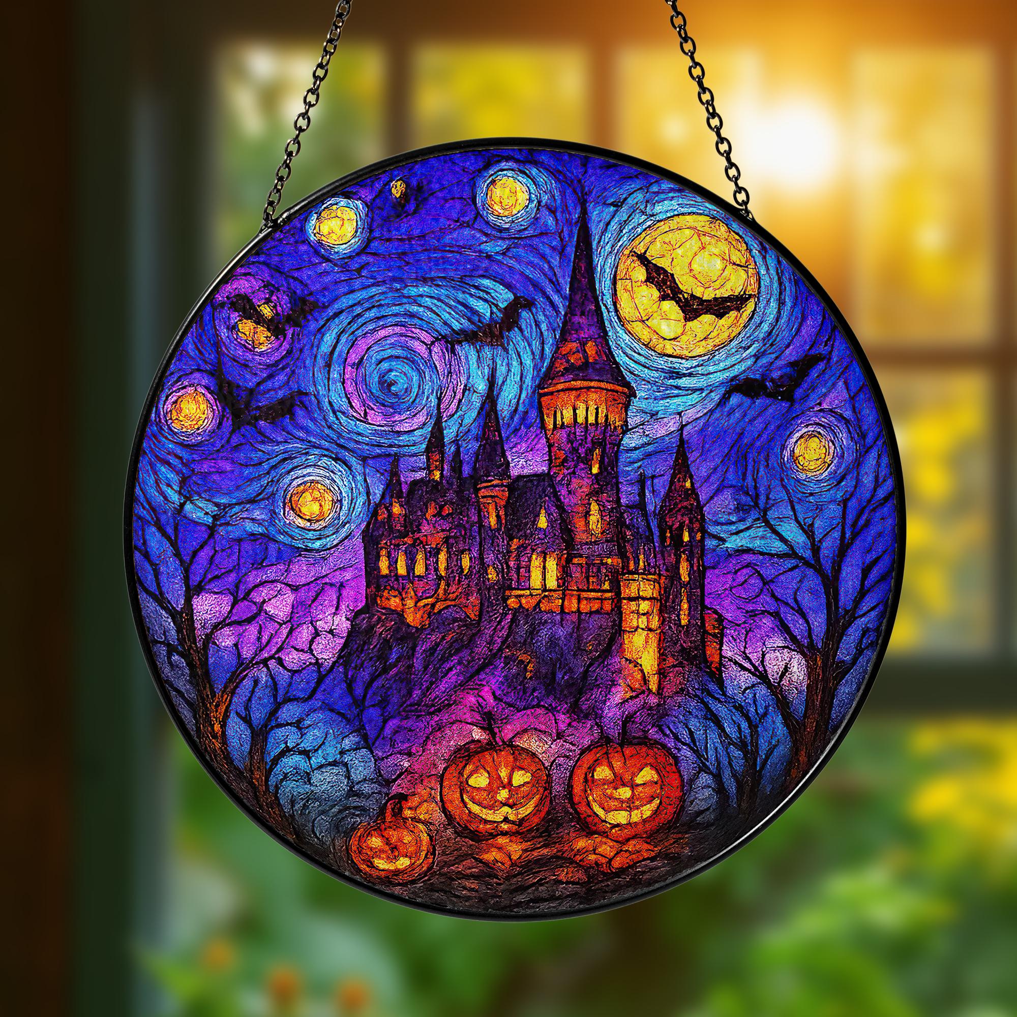Halloween Haunted Wizard Castle Stained Glass Suncatcher, Spooky ...