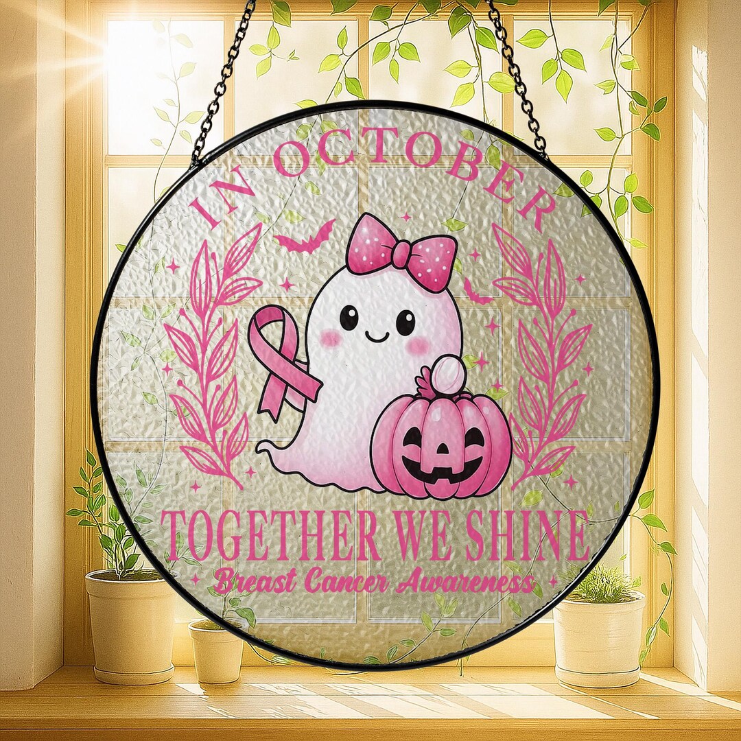 Halloween Breast Cancer Awareness Suncatcher, Pink Ribbon Ghost Pumpkin ...