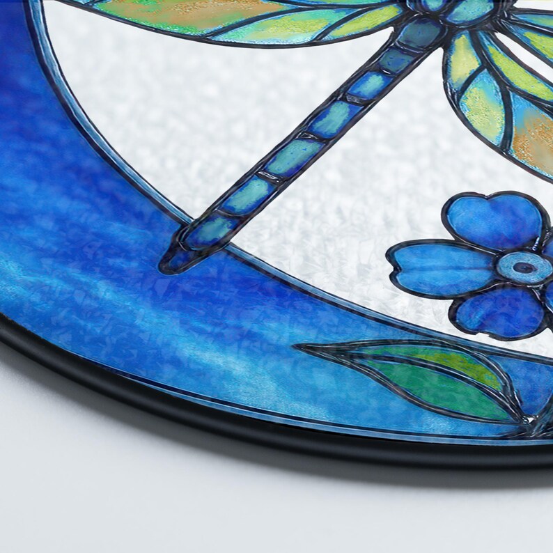 Dragonfly and Moon Stained Glass Suncatcher, Blue Floral Window Hanging ...