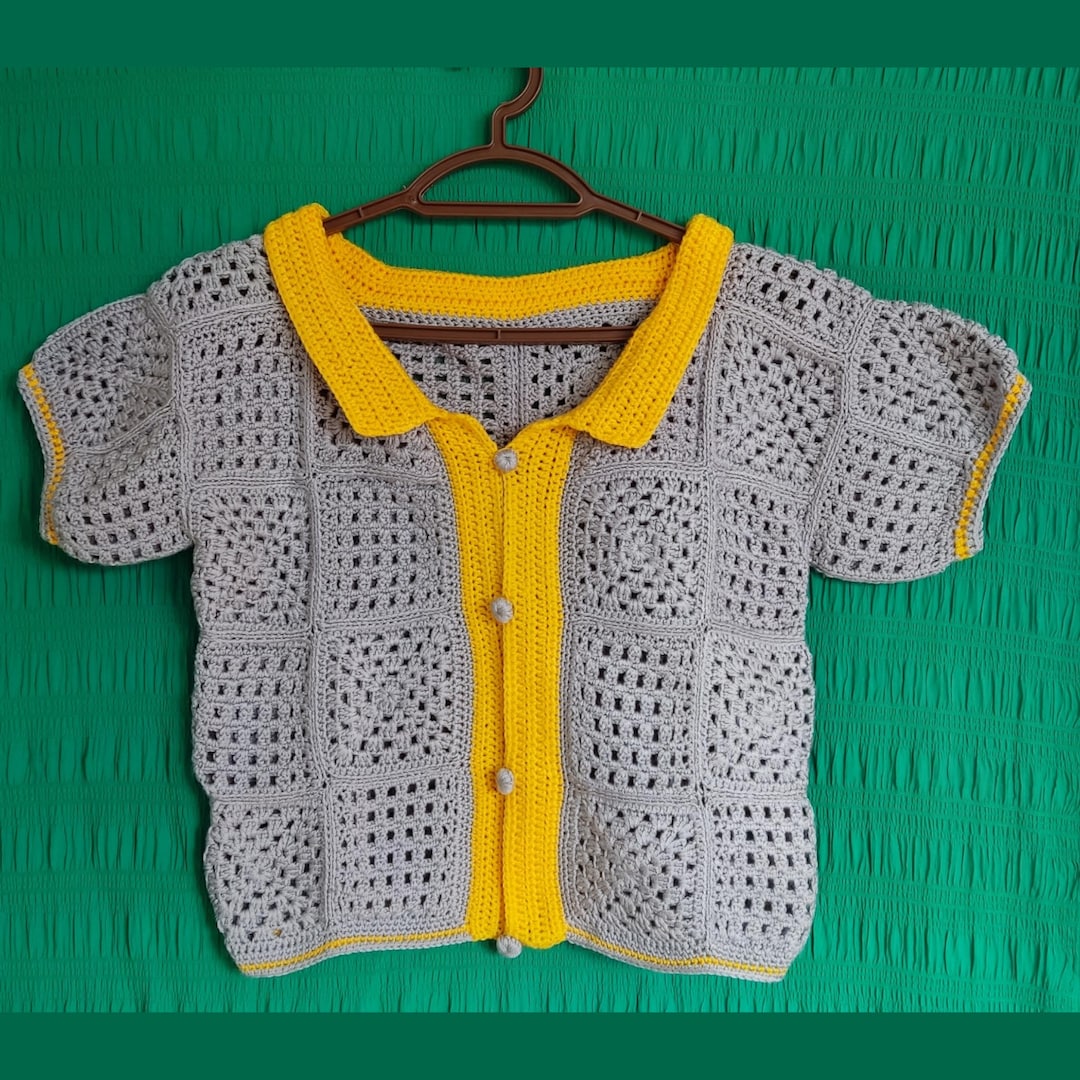 Trendy Button-up Crochet Top in Yellow&gray for Pinterest Girlies - Etsy