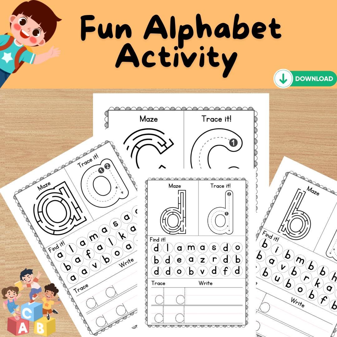 Fun Alphabet Activity Worksheets | Letter Tracing, Maze, Find the ...