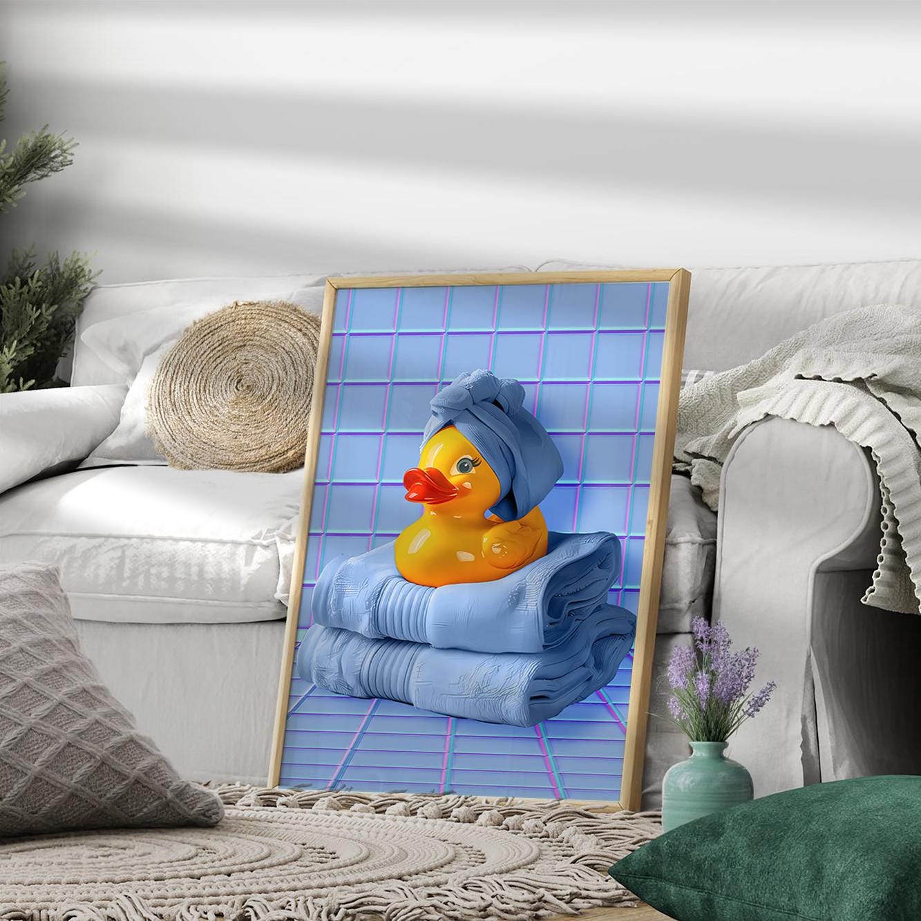 Cute Bathroom Duck Poster, Blue Bathroom Wall Art, Duck in Head Towel ...