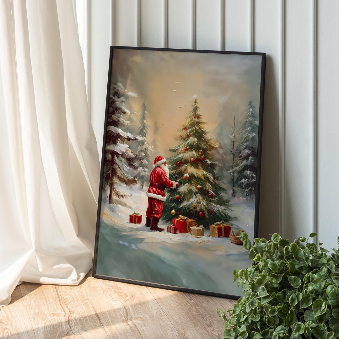Santa Christmas Tree Art Poster, Vintage Christmas Wall Art, Cozy ...