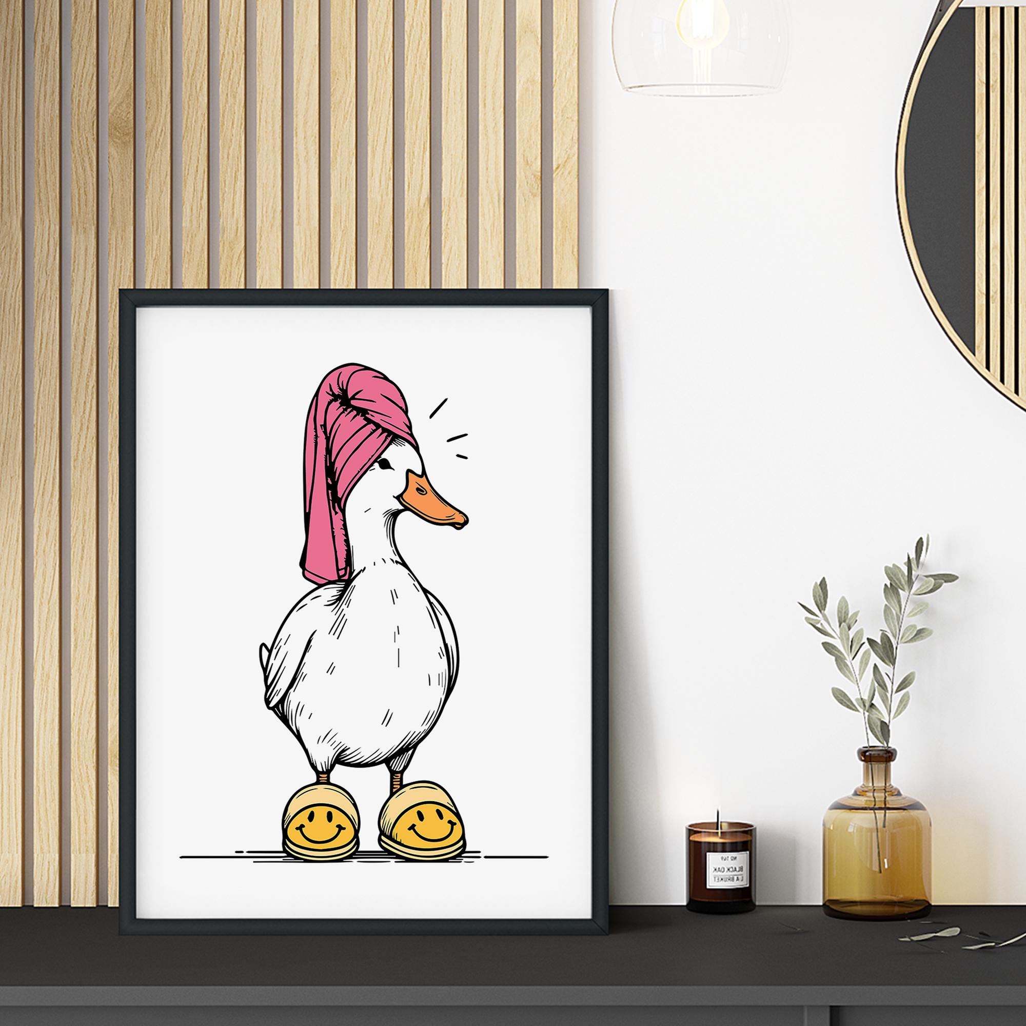 Cute Bathroom Duck Poster, Pink Retro Wall Art, Duck in Head Towel ...