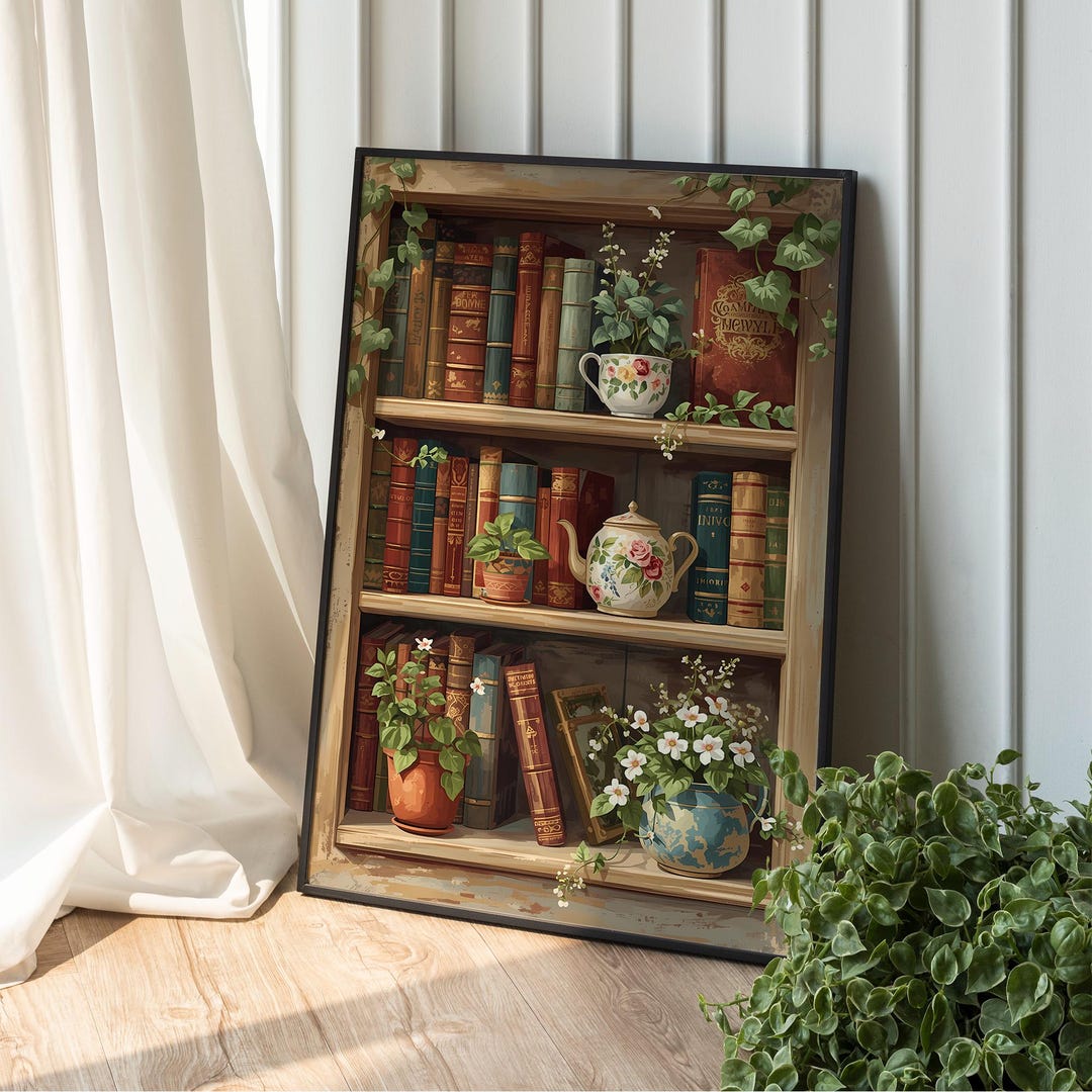 Vintage Bookshelf Wall Art, Cozy Cottagecore Library Print With Plants ...
