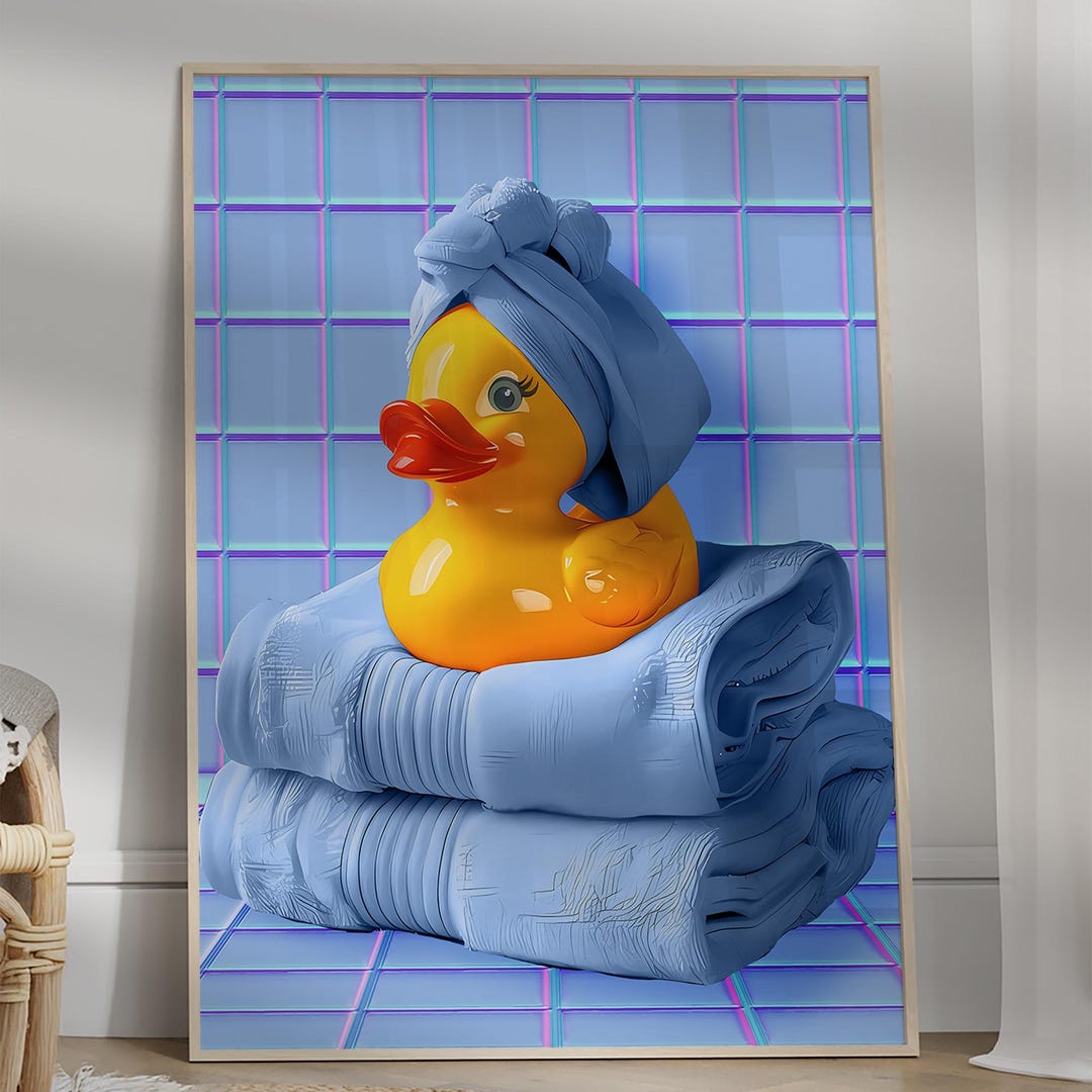 Cute Bathroom Duck Print, Blue Bathroom Wall Art, Duck in Head Towel ...
